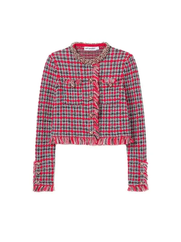 SELF-PORTRAIT Check Frayed Knit Jacket - Multicolor