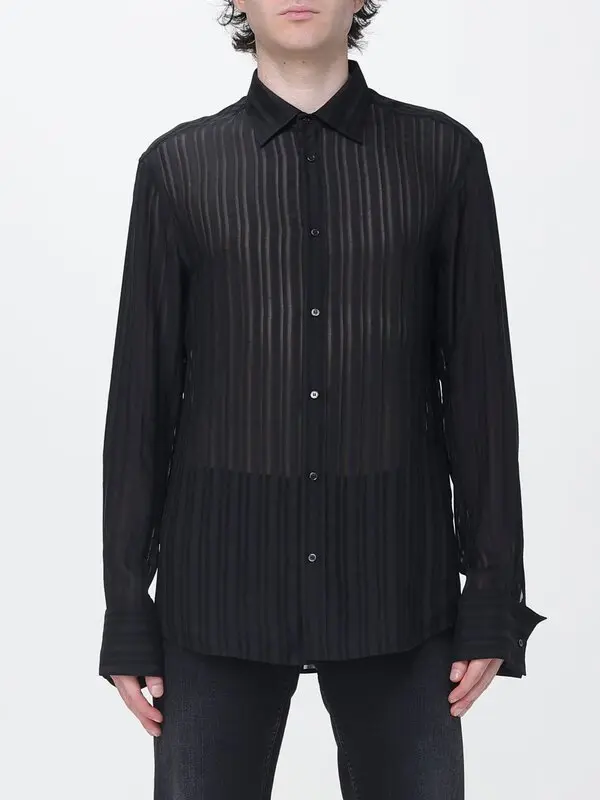 Gucci Long-sleeved Silk Shirt With French Collar And Curved Hem - Black