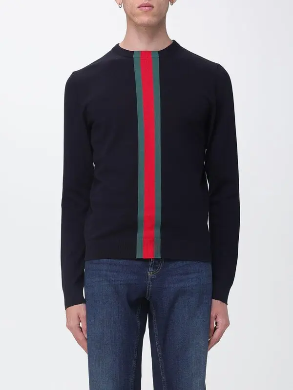 Gucci Striped Cotton Crew-neck Jumper With Web Detail - Blue