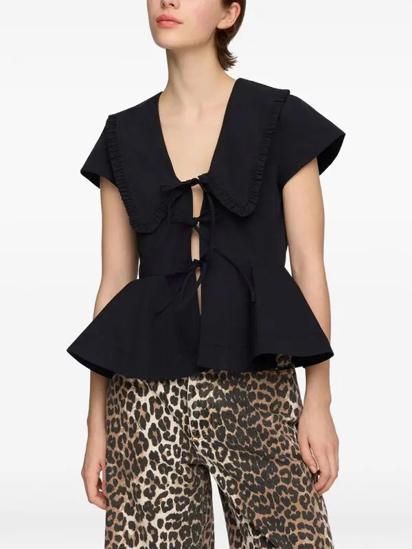 GANNI Organic Cotton Ruffled Collar Peplum Top - Multicolor