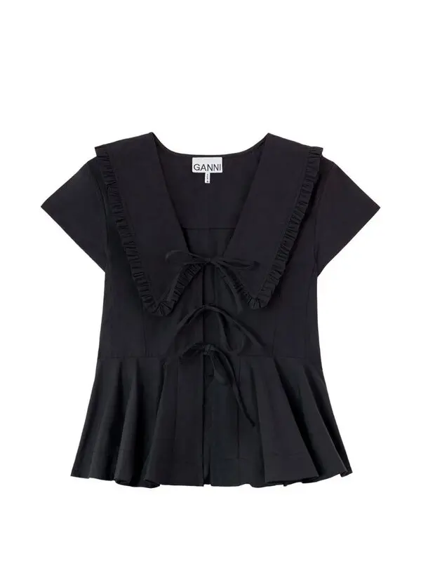 GANNI Organic Cotton Ruffled Collar Peplum Top - Multicolor