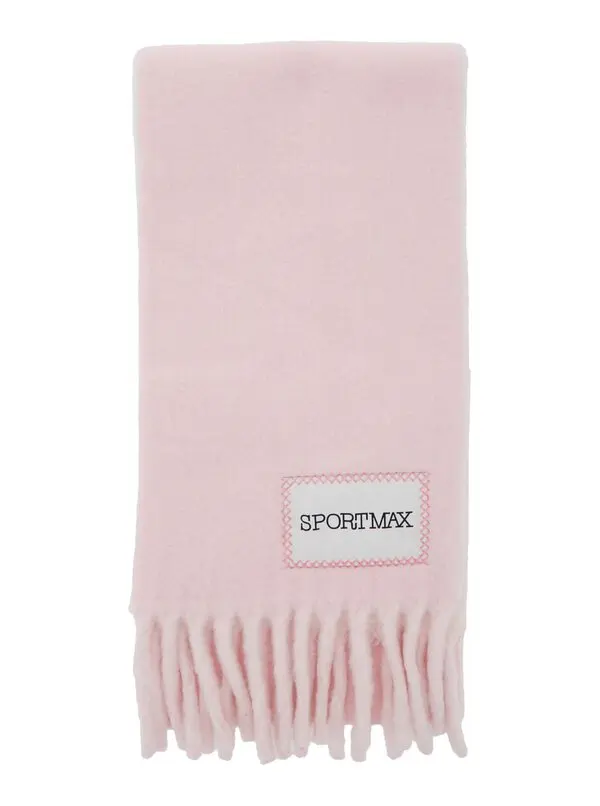 Sportmax Pink Scarf With Logo Patch On The Front And Fringed Hem In Wool Blend - Multicolor