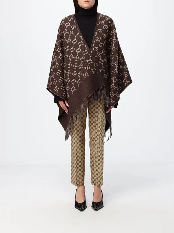Gucci Asymmetric Wool Cape With All-over Gg Motif And Fringed Hem - Brown