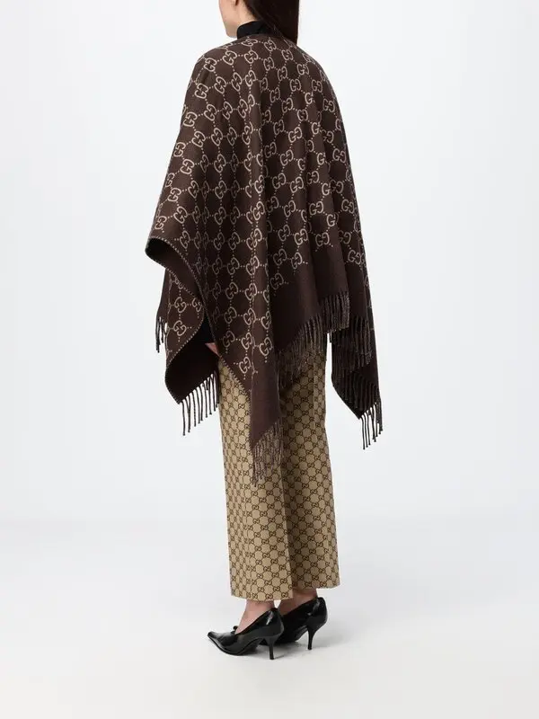 Gucci Asymmetric Wool Cape With All-over Gg Motif And Fringed Hem - Brown