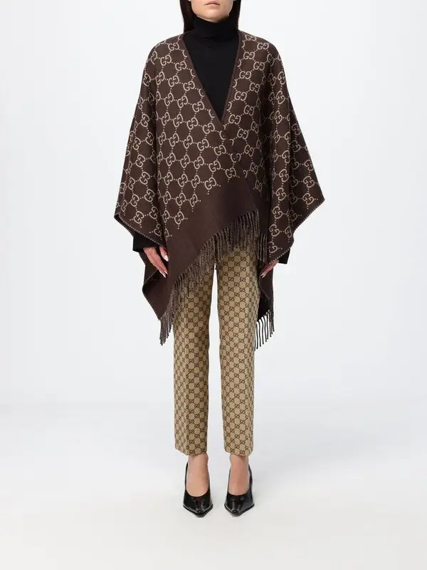 Gucci Asymmetric Wool Cape With All-over Gg Motif And Fringed Hem - Brown