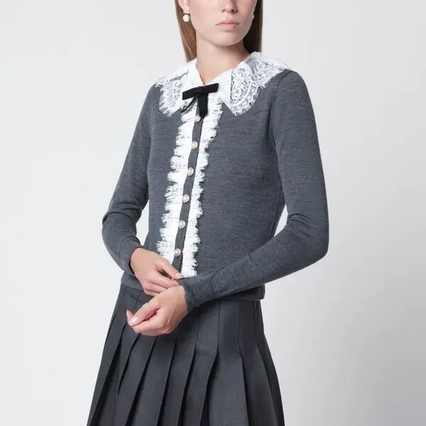 SELF-PORTRAIT Knitted Wool Cardigan With Lace Collar In Grey - Gray
