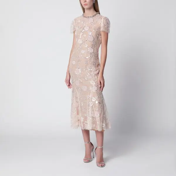 SELF-PORTRAIT Floral Sequin Midi Dress In Polyester - Pink