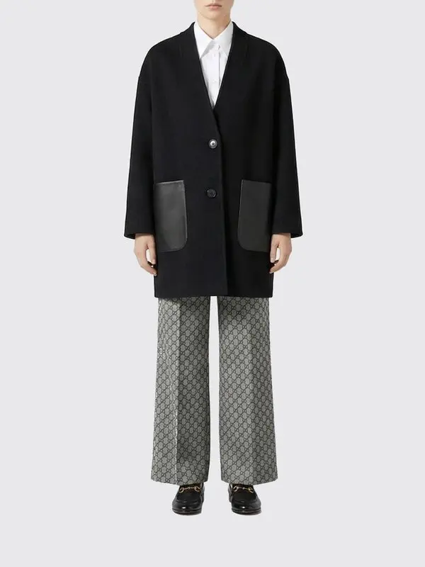 Gucci Wool Coat With Leather Patch Pockets - Black