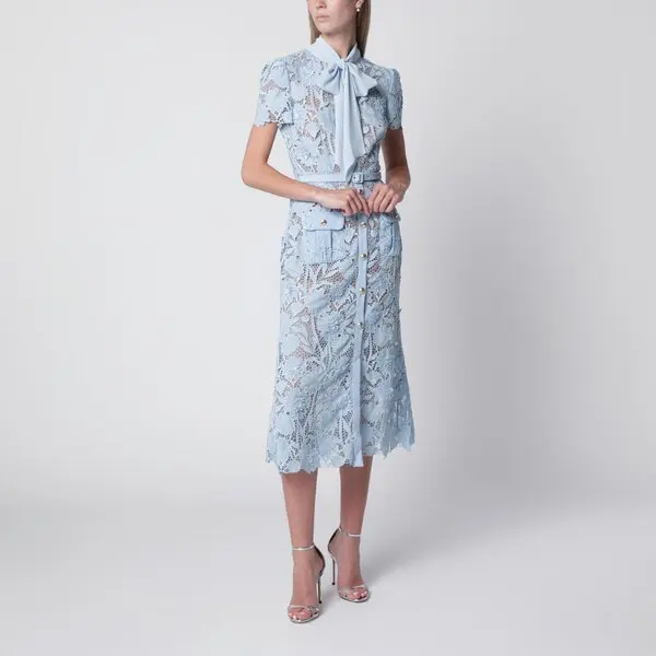 SELF-PORTRAIT Tie-neck Lace Midi Dress - Blue