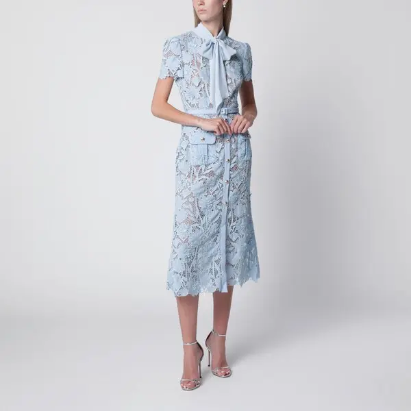 SELF-PORTRAIT Tie-neck Lace Midi Dress - Blue