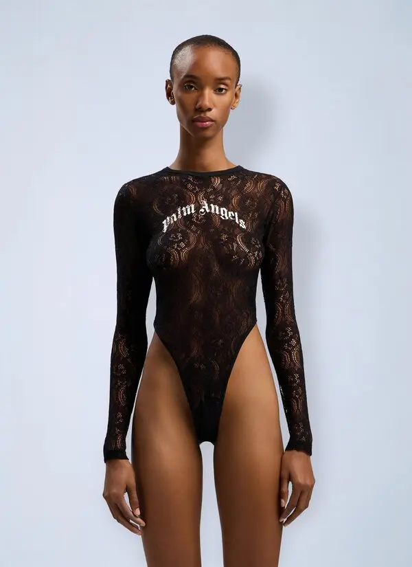 Palm Angels Curved Logo Lace Bodysuite - Black