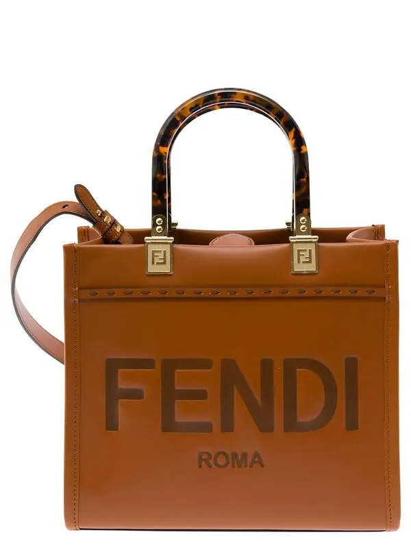 Fendi Tote Bag 'sunshine Piccola' With Embossed Logo And Turtle Effect Handle In Leather For - Brown