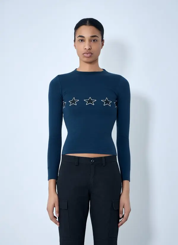 Balenciaga Star Embroidered Ribbed Top - Blue