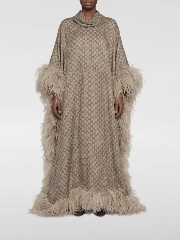 Gucci Long Monogram Silk Kaftan With Ostrich Feather Trim