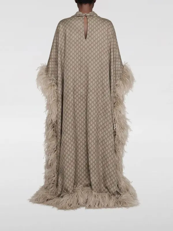 Gucci Long Monogram Silk Kaftan With Ostrich Feather Trim