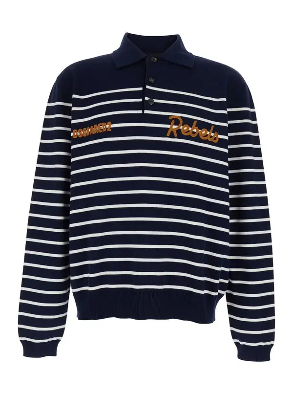 Dsquared2 Blue Long Sleeve Polo Shirt With Logo Embroidery On The Front And All-over Stripe Motif In Cotton For - Multicolor