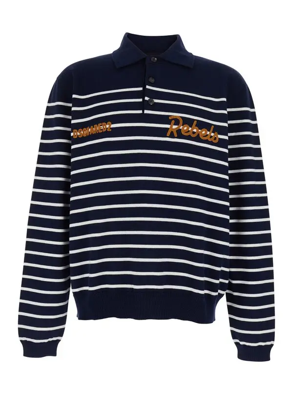 Dsquared2 Blue Long Sleeve Polo Shirt With Logo Embroidery On The Front And All-over Stripe Motif In Cotton For - Multicolor