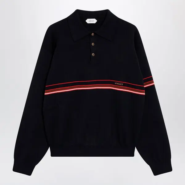 Versace Navy Cotton Knit Polo Shirt With Embroidered Logo