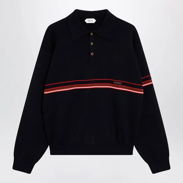 Versace Navy Cotton Knit Polo Shirt With Embroidered Logo - Blue