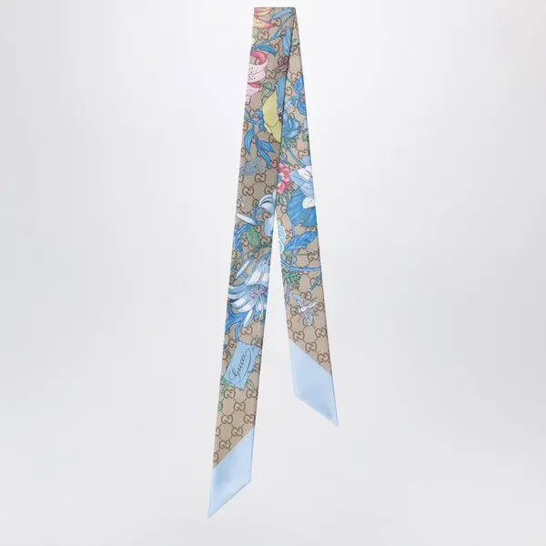 Gucci Printed Silk Ribbon With Flora Motif In Light - Blue