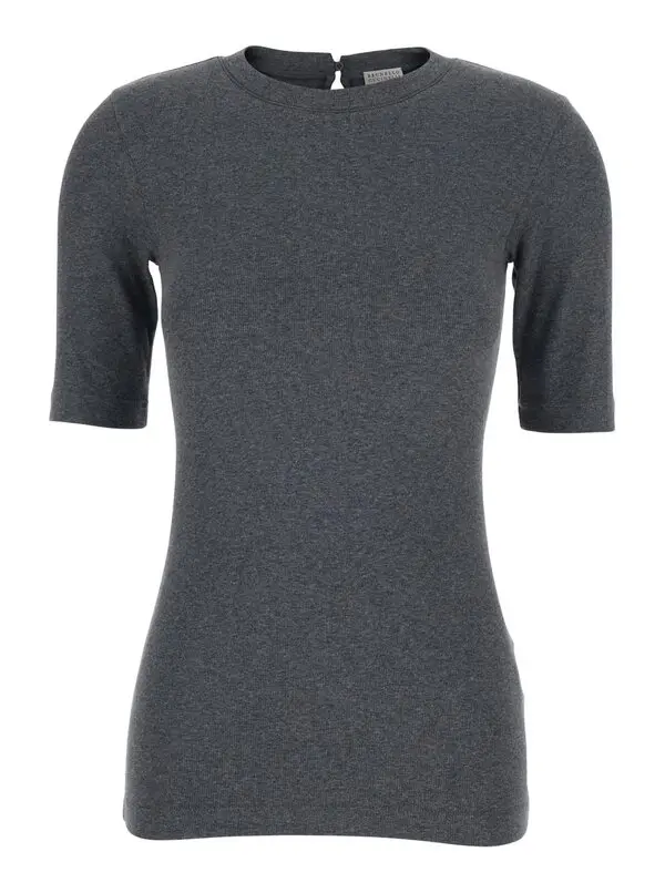 Brunello Cucinelli Grey T-shirt With Round Neck And Three-quarter Sleeve In Cotton - Gray
