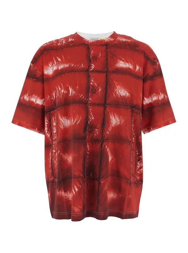 Moncler Red Crewneck T-shirt With Quilted Effect Graphic Print On The Front And Logo Lettering On The Rear In Cotton - Multicolor