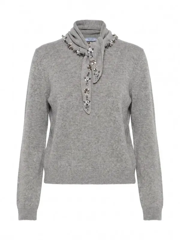 Prada Cashmere Sweater With Jeweled Scarf Detail - Multicolor