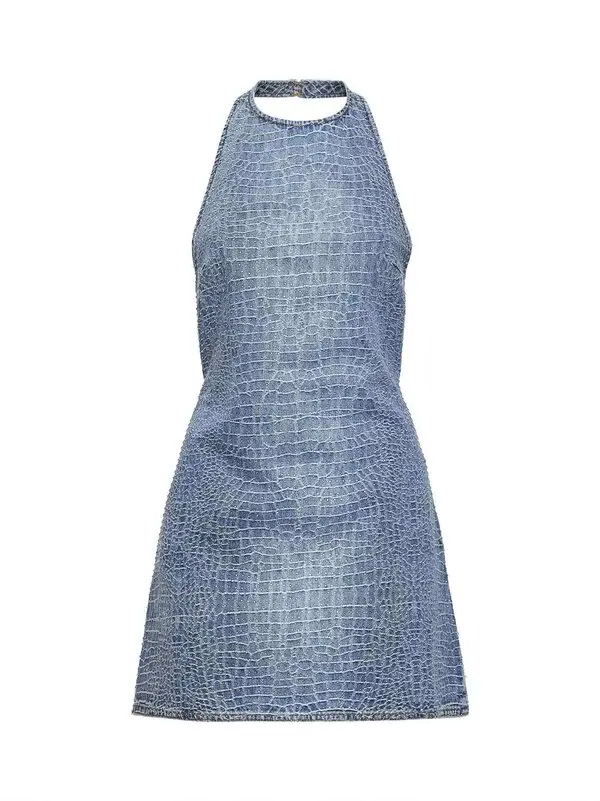 SELF-PORTRAIT Rhinestone Embellished Croc-effect Denim Mini Dress - Multicolor