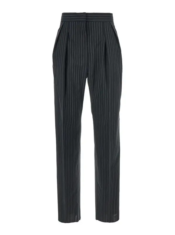 Max Mara Sesamo' Black Pants With Front Concealed Closure And All-over Striped Motif In Wool - Multicolor