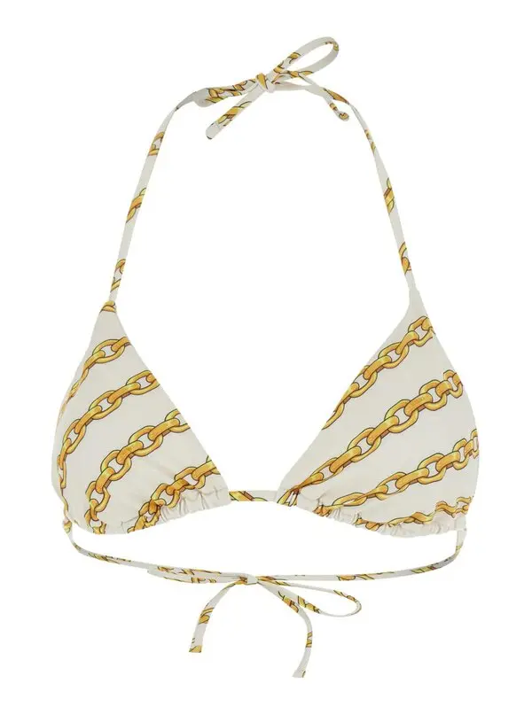 Versace White Bikini Top With All-over Chain Print In Tech Fabric Stretch - Multicolor