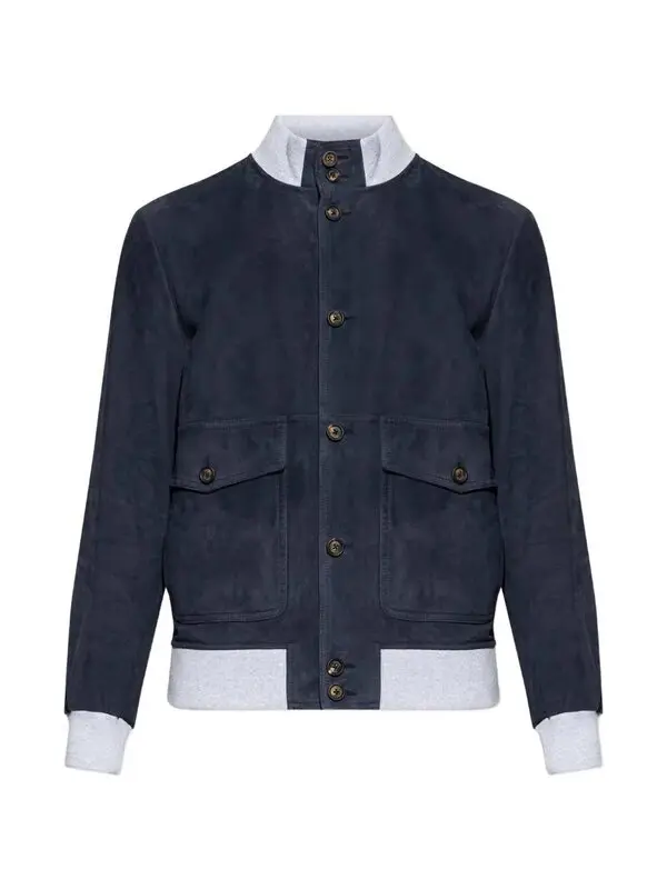 Eleventy Leather Jacket With Pocket And Buttons - Blue