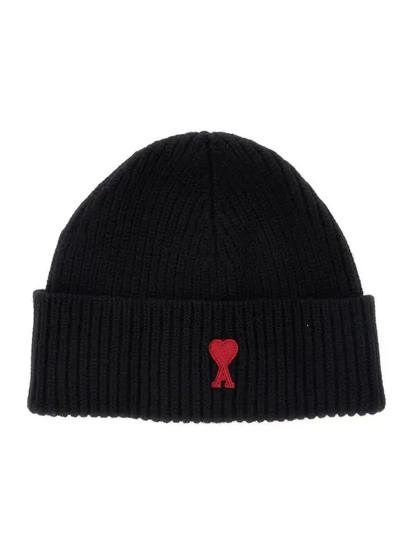 AMI Paris Wool Ribbed Beanie Cap - Black