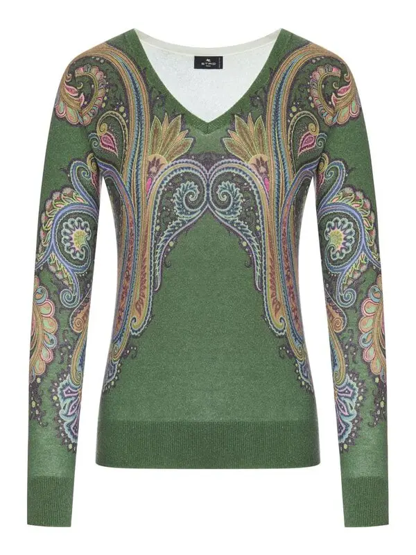 Etro Silk And Cashmere V-neck Sweater With Placed Paisley Print - Green