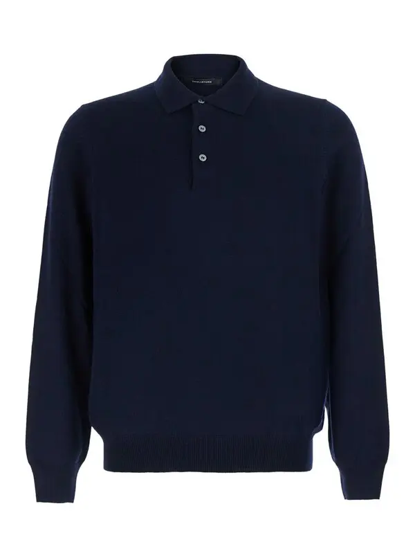 Tagliatore Blue Sweater With Polo Style Collar In Wool Blend For