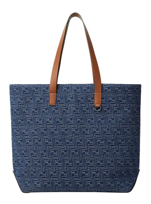 Fendi Blue Shopper With Long Handles And All Over Ff Motif In Cotton - Multicolor