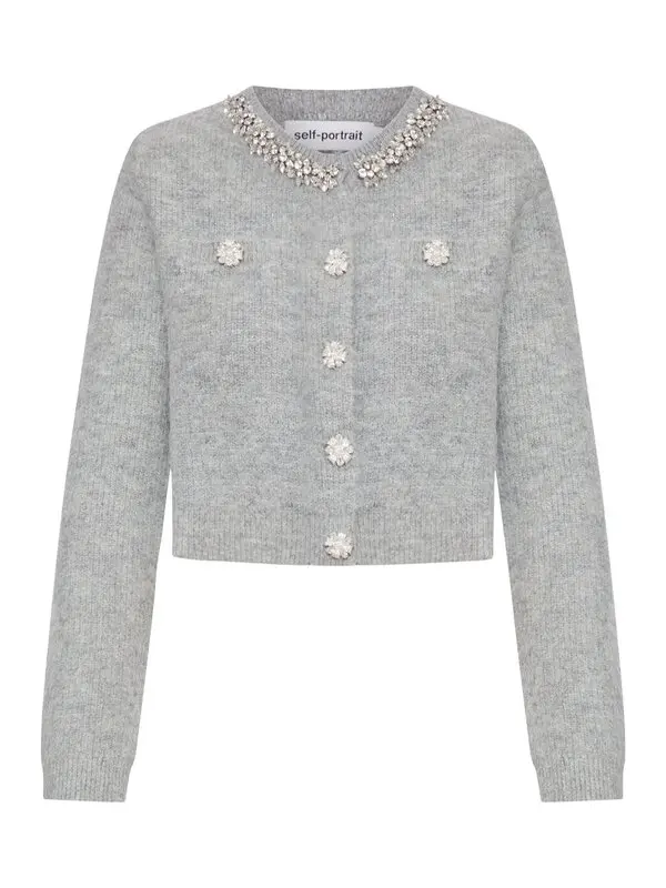 SELF-PORTRAIT Grey Cardigan With Crystal Finishing - Gray