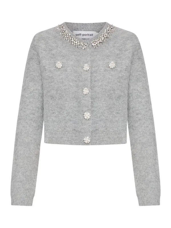 SELF-PORTRAIT Grey Cardigan With Crystal Finishing - Gray