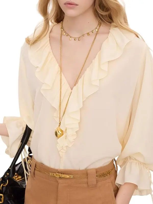Chloé V-neck Ruffle Top In Crêpe De Chine - Cream