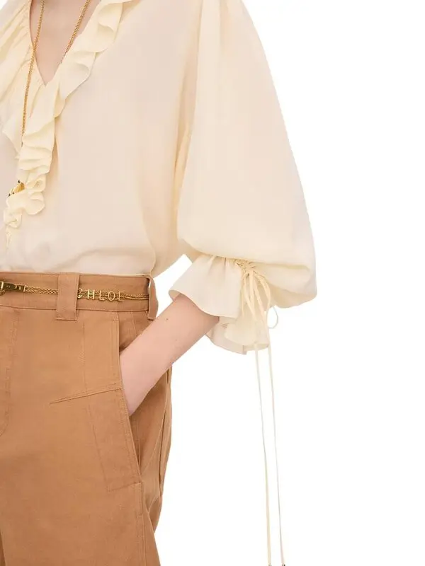 Chloé V-neck Ruffle Top In Crêpe De Chine - Cream