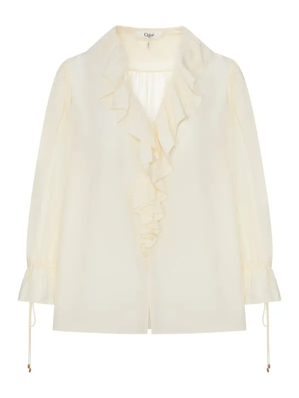 Chloé Ruffle Silk V-neck Top - Cream