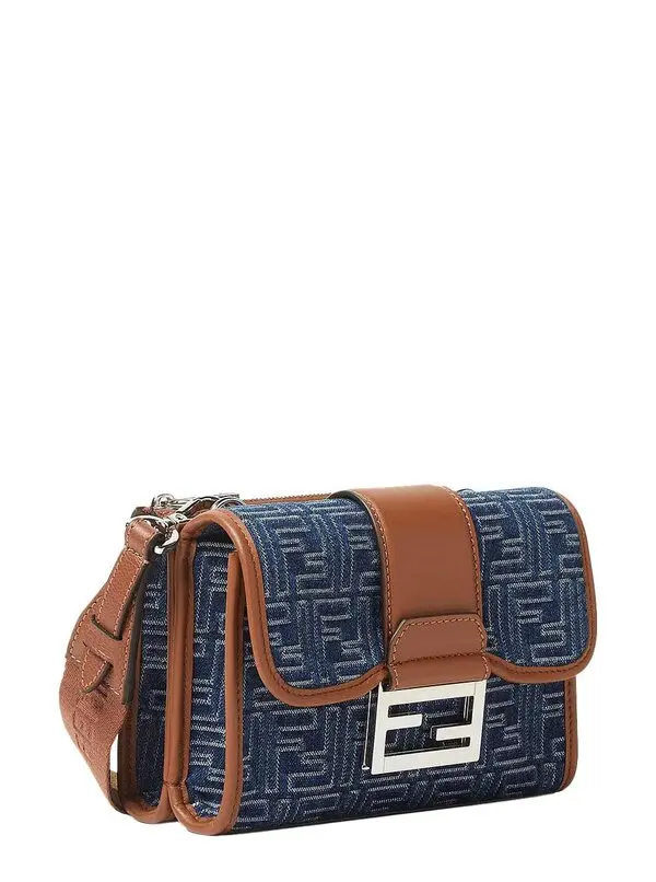 Fendi Baguette Double' Blue Crossbody Bag With Magnetic Ff Closure And All-over Motif In Blue Cotton - Multicolor