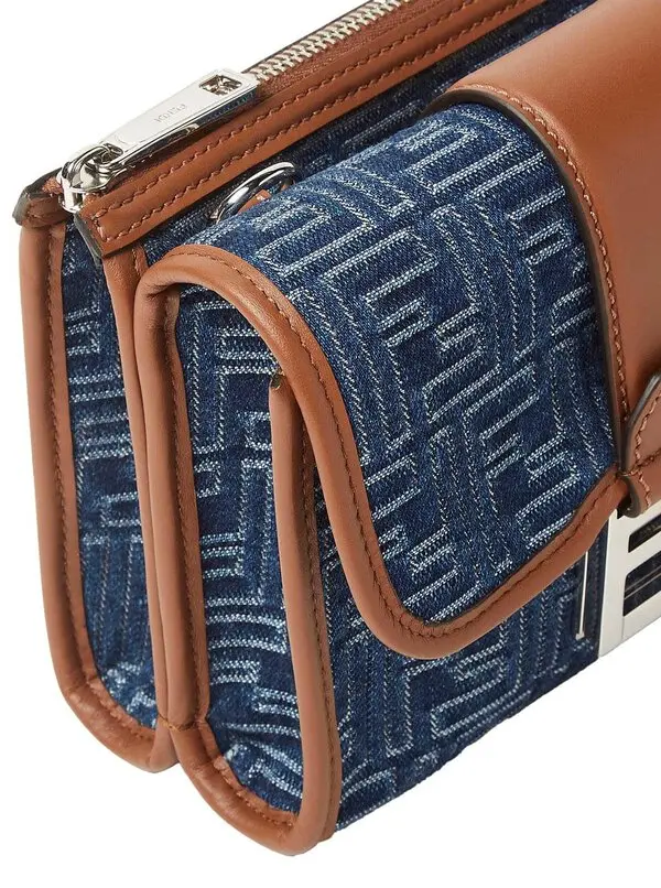 Fendi Baguette Double' Blue Crossbody Bag With Magnetic Ff Closure And All-over Motif In Blue Cotton - Multicolor