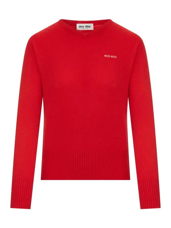 Miu Miu Cashmere V-neck Sweater With Logo - Red