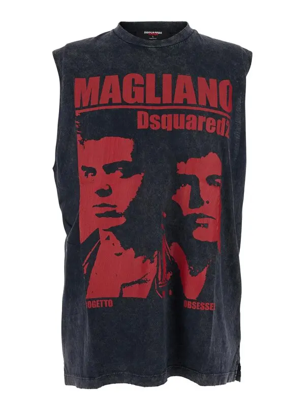 Dsquared2 X Magliano' Black Crew Neck Top With Logo Lettering And Front Print In Cotton - Multicolor