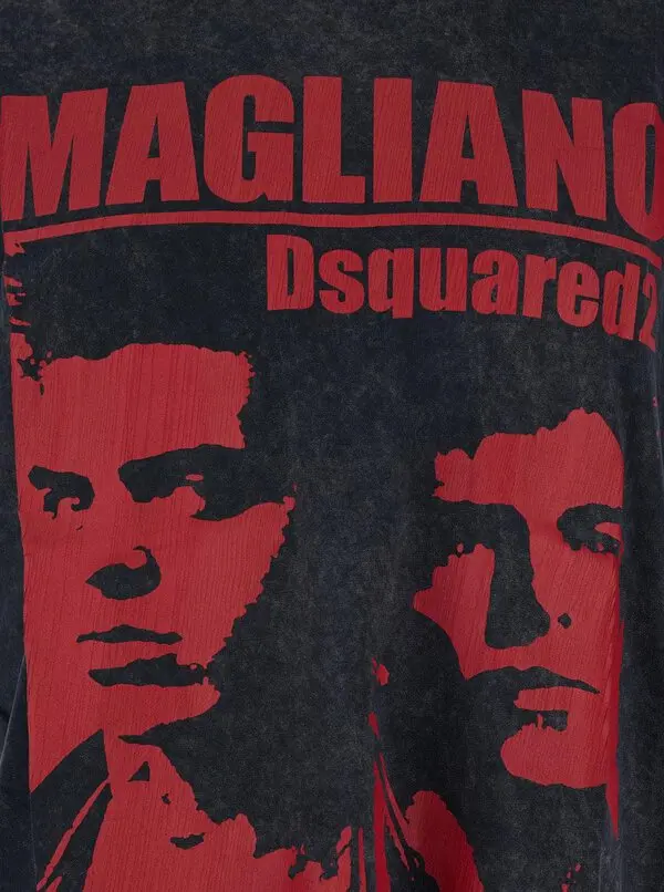 Dsquared2 X Magliano' Black Crew Neck Top With Logo Lettering And Front Print In Cotton - Multicolor