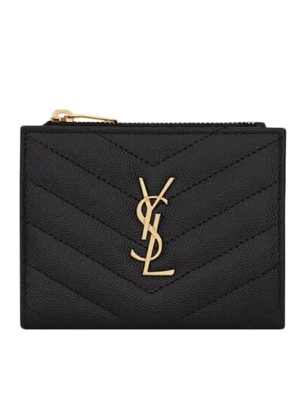 Saint Laurent Cassandre Quilted Bi-fold Wallet In Powder Grain Embossed Leather - Black