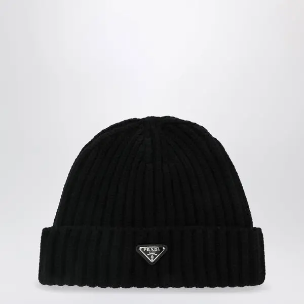 Prada Virgin Wool Beanie With Enamelled Triangle Logo - Black