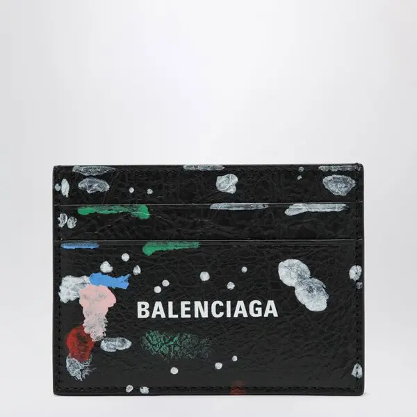Balenciaga Cash Leather Card Holder With Painterâ€s Print - Black