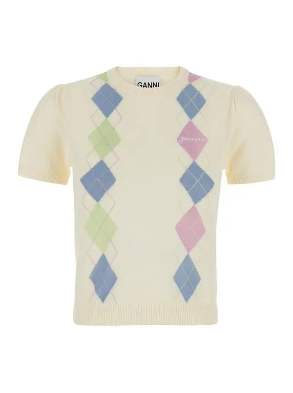GANNI Short-sleeved Cotton Argyle Sweater - White