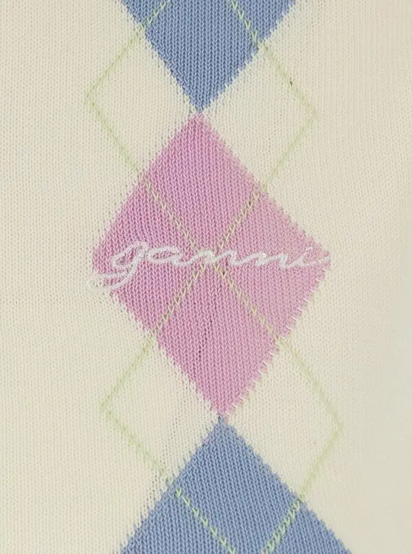 GANNI Short-sleeved Cotton Argyle Sweater - White